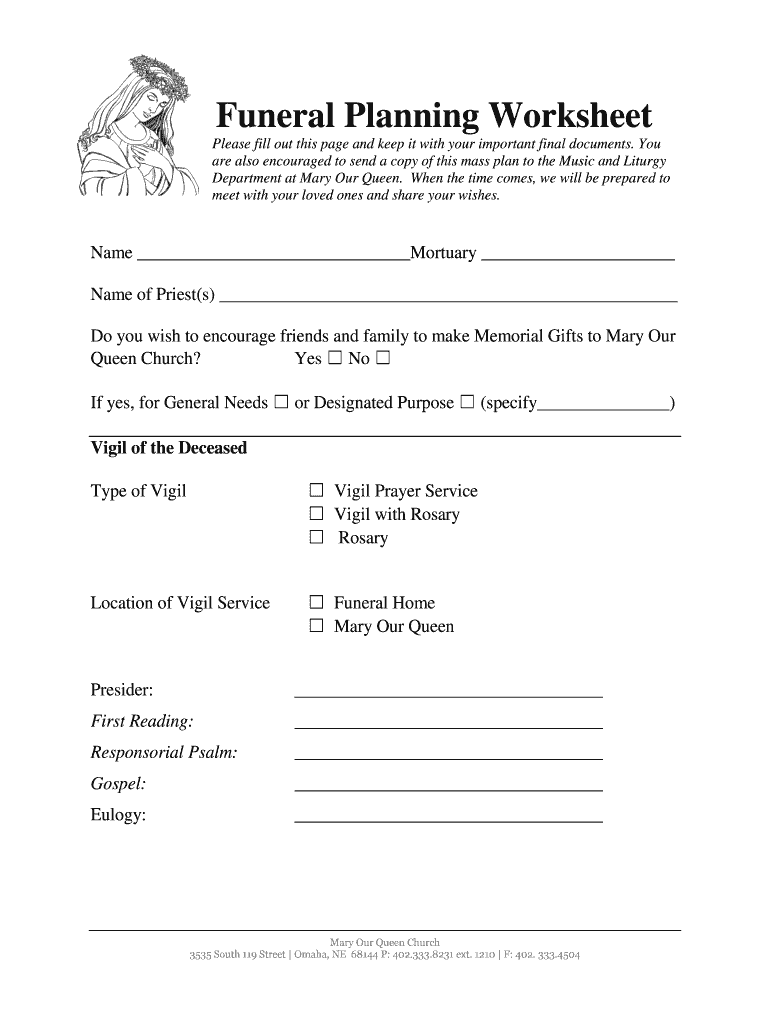 Fillable Online Funeral Planning Worksheet - Mary Our Queen Church Fax ...