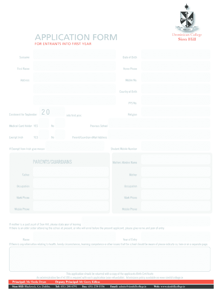Fillable Online Application form - Dominican College Sion Hill Fax ...