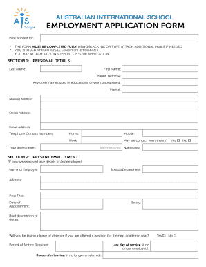Fillable Online AustrAliAn internAtionAl school EmploymEnt ApplicAtion ...