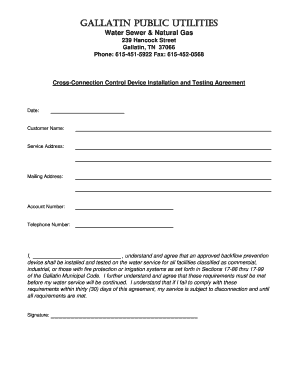 Fillable Online Cross connection agreement - Gallatin Public Utilities Fax Email Print - pdfFiller