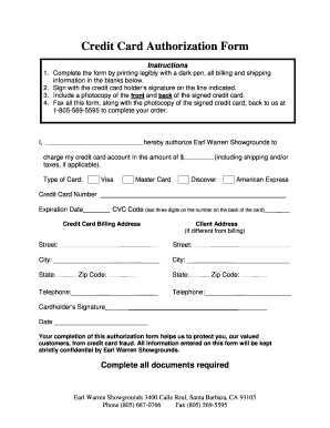 Fillable Online Credit Card Authorization Form - earlwarrencom Fax ...