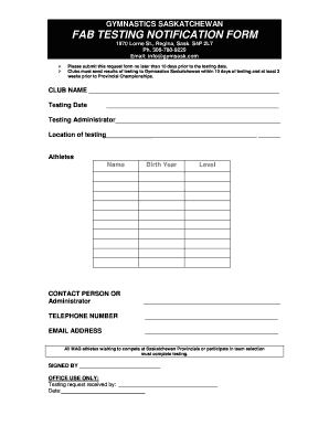 Fillable Online GYMNASTICS SASKATCHEWAN FAB TESTING NOTIFICATION FORM ...