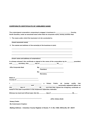 Fillable Online Corporate certificate of assumed name - Columbus County ...