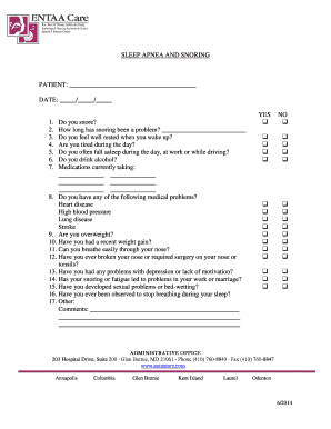 Fillable Online Sleep Apnea Snoring Questionnaire - ENTAA Care Fax ...
