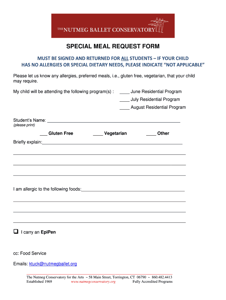 Fillable Online nutmegconservatory SPECIAL MEAL REQUEST FORM ...