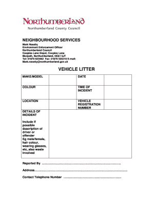 Fillable Online stocksfieldpc org VEHICLE LITTER - Broomley Stocksfield ...