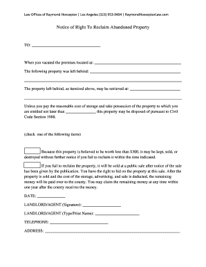 Fillable Online Notice of Right To Reclaim Abandoned Property - Law ...