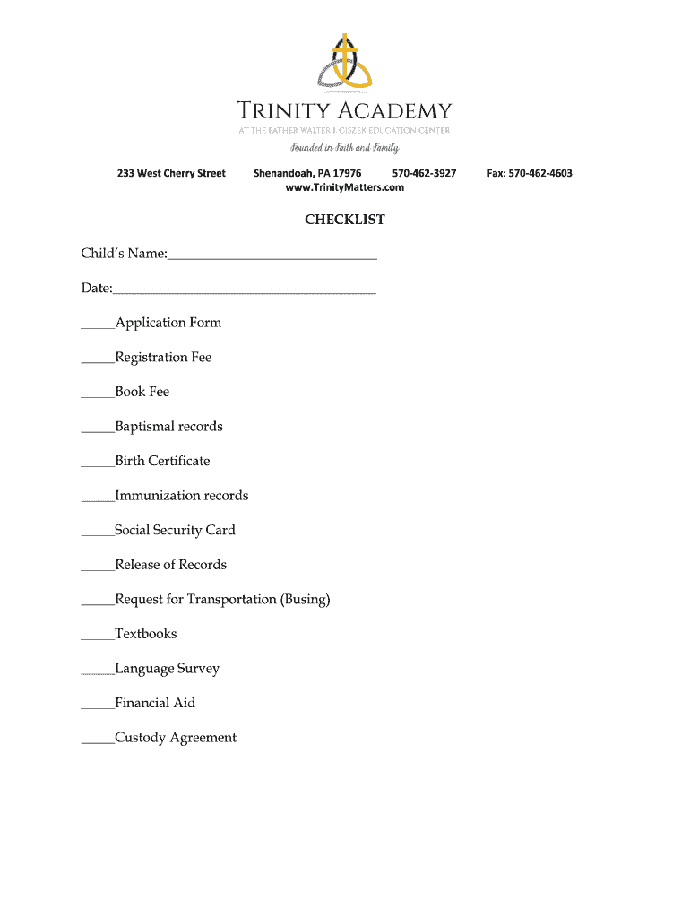 Fillable Online New Student Check-off List - Trinity Academy Fax Email ...