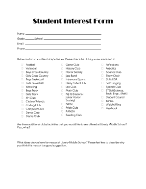 Fillable Online plcschools Student Interest Form - plcschoolsorg Fax ...
