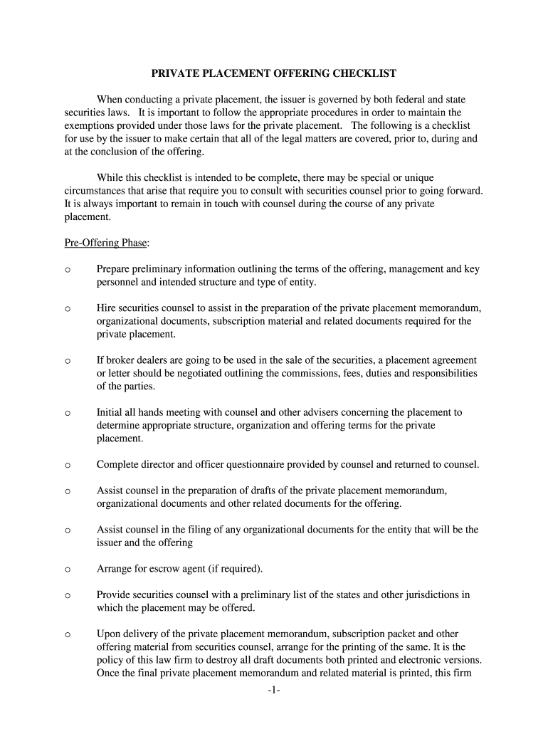 Fillable Online PRIVATE PLACEMENT OFFERING CHECKLIST Fax Email Print ...