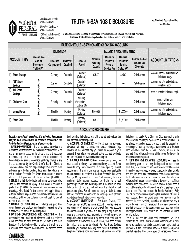 Fillable Online TRUTH-IN-SAVINGS DISCLOSURE - bwichitafcubbcomb Fax ...