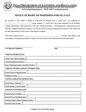 Fillable Online Notice of right of possession for salvage - TDLR Fax ...