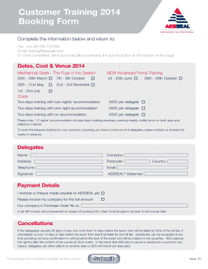 Fillable Online Customer Training 2014 Booking Form - aessealcom Fax Email Print - pdfFiller