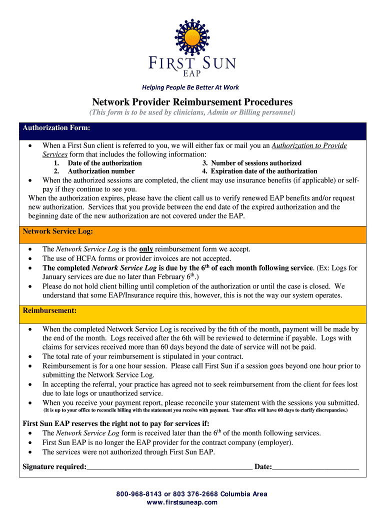 Fillable Online Network Provider Reimbursement Procedures - First Sun EAP Fax Email Print ...