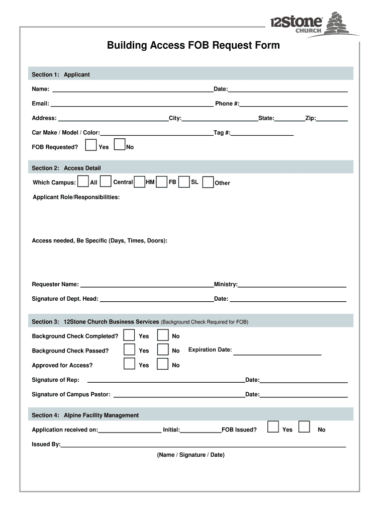 Fillable Online Building Access FOB Request Form - 12Stone Fax Email ...