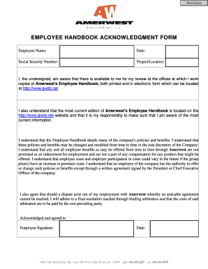 Fillable Online EMPLOYEE HANDBOOK ACKNOWLEDGMENT FORM - awdcnet Fax Email Print - pdfFiller