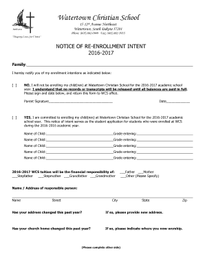 Fillable Online NOTICE OF RE-ENROLLMENT INTENT 2016-2017 Fax Email ...