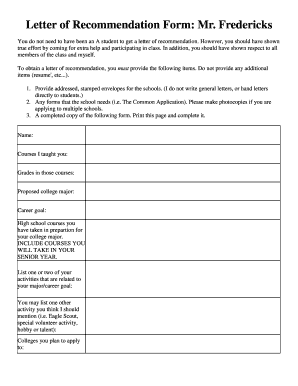 Fillable Online Letter of Recommendation Form Mr Fredericks Fax Email ...