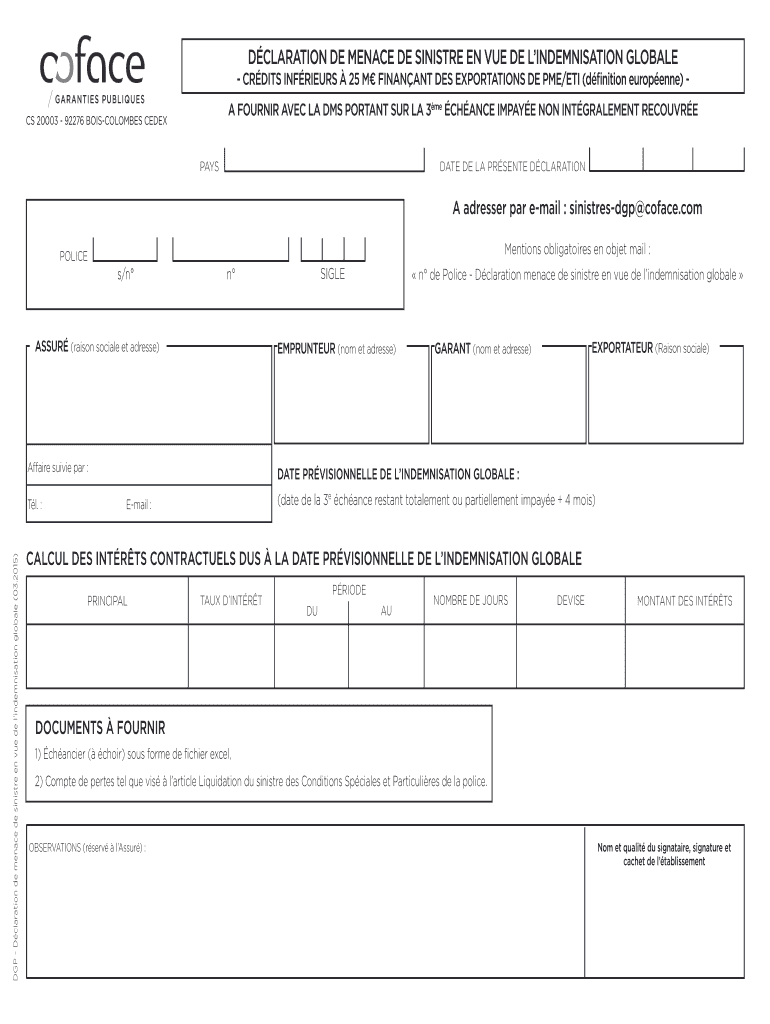 Fillable Online D claration de menace de sinistre en vue de l'indemnisation globale Fax Email ...