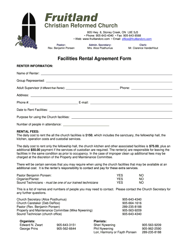 Fillable Online Church Facilities Rental Agreement Form Fax Email Print ...