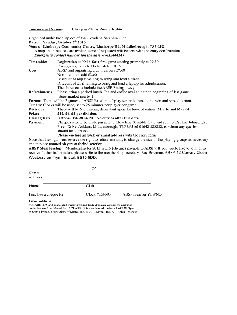 Fillable Online absp org Tournament Name: Cheap as Chips Round Robin ...