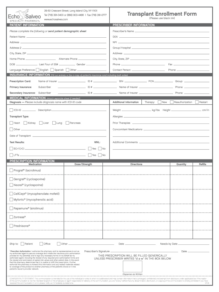 Fillable Online Transplant Enrollment Form - Echo Salveo Fax Email ...