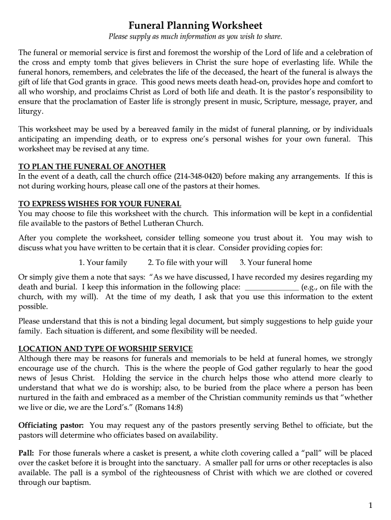 Fillable Online Funeral Planning Worksheetdoc Fax Email Print - pdfFiller