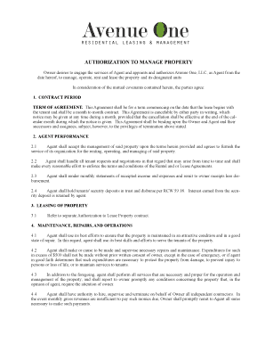 Fillable Online Authorization to Manage Property - Avenue One ...