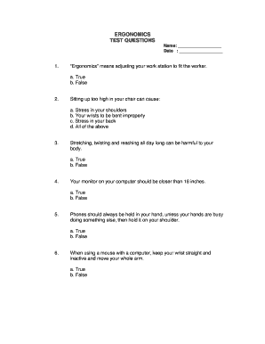 Fillable Online ERGONOMICS TEST QUESTIONS Name Date Fax Email Print ...
