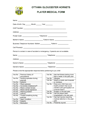 Fillable Online Hornets Player Medical Form - Ottawa Gloucester Hornets ...