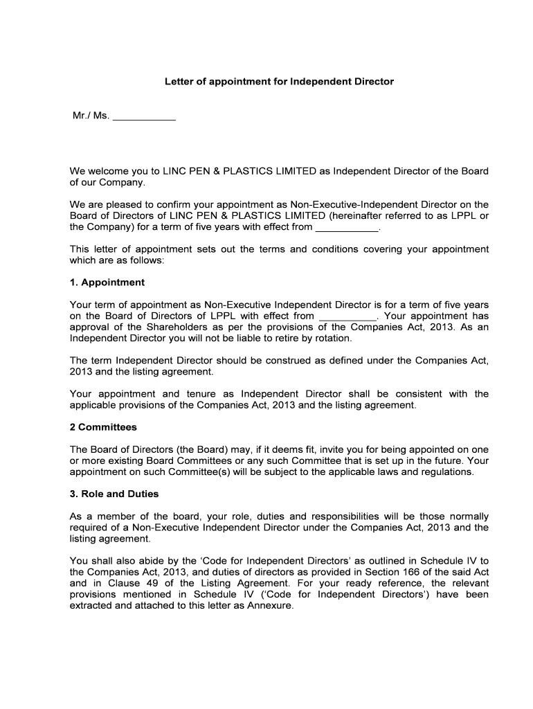 Fillable Online Letter of appointment for Independent Director Mr Fax ...
