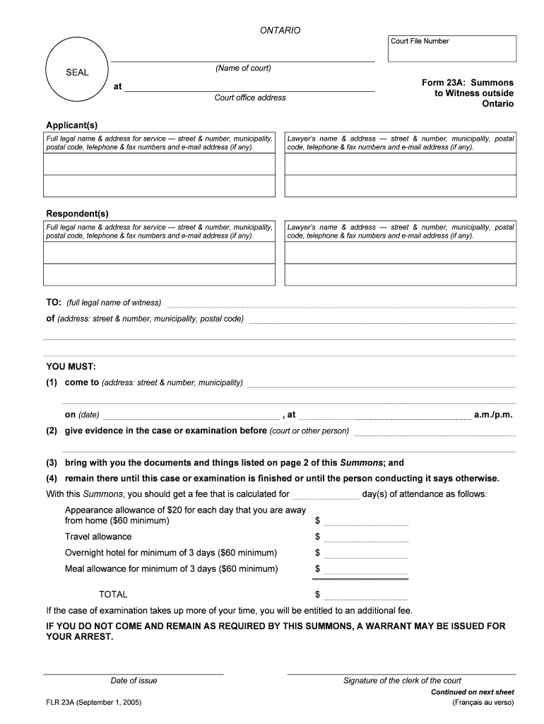 Fillable Online Form 23A Summons to Witness outside Ontario Fax Email ...