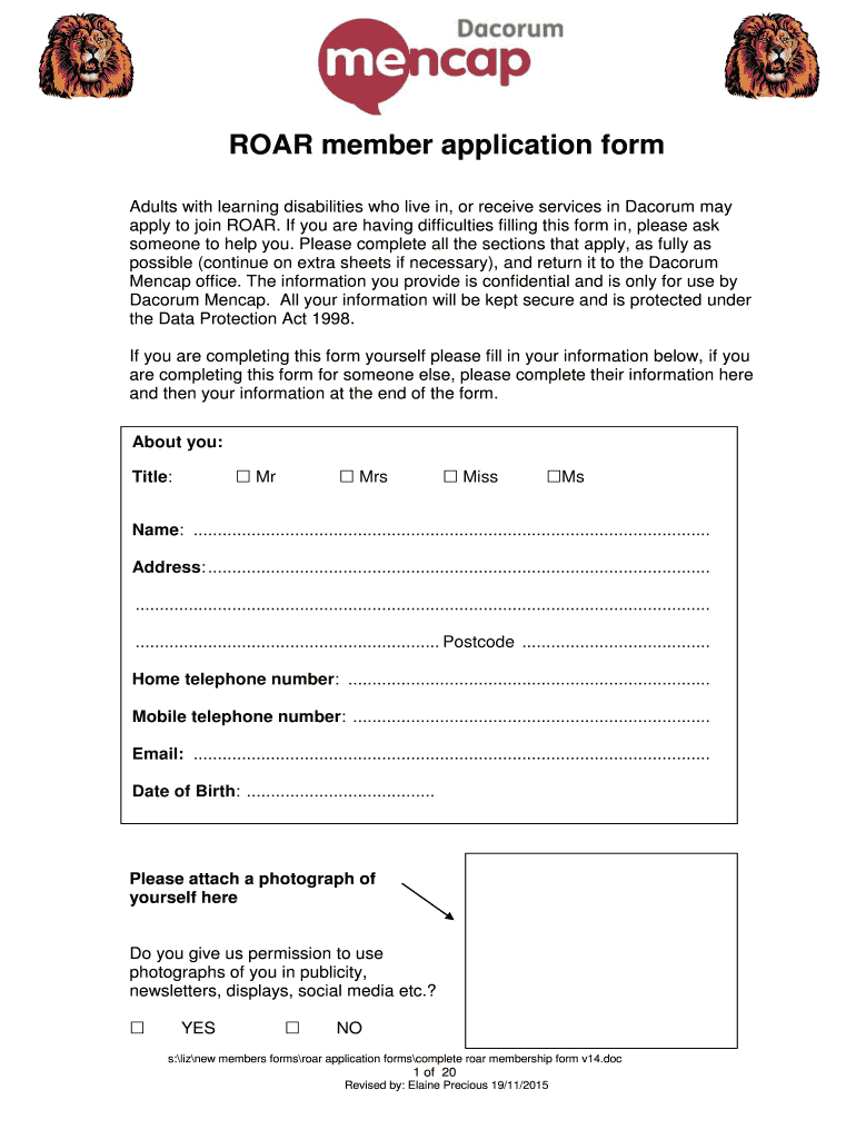 Fillable Online dacorummencap org ROAR member application form ...