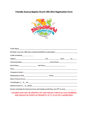 Fillable Online VBS 2012 registration Form - bfriendlyavenuebbcomb Fax ...