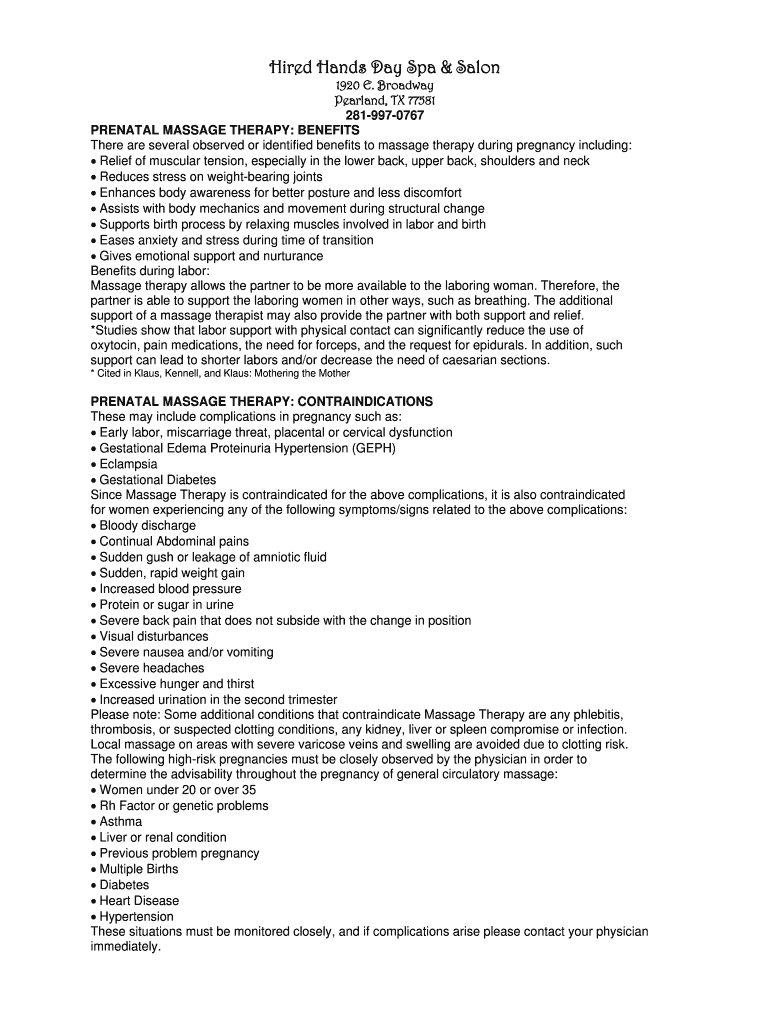 Fillable Online Prenatal Massage Therapy Intake and Release Form Fax ...