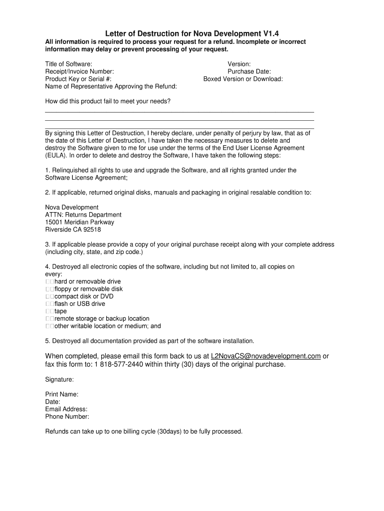 Fillable Online Letter of Destruction for Nova Development Fax Email ...