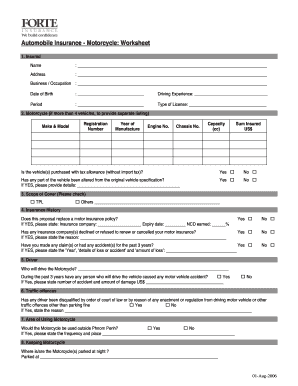 Fillable Online Automobile Insurance - Motorcycle: Worksheet - Forte ...