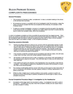 Fillable Online bleanprimary org BLEAN PRIMARY SCHOOL COMPLAINTS ...