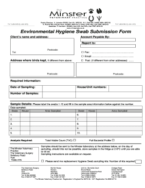 Fillable Online minstervets co Environmental Hygiene Swab Submission Form - Minster Vets ...