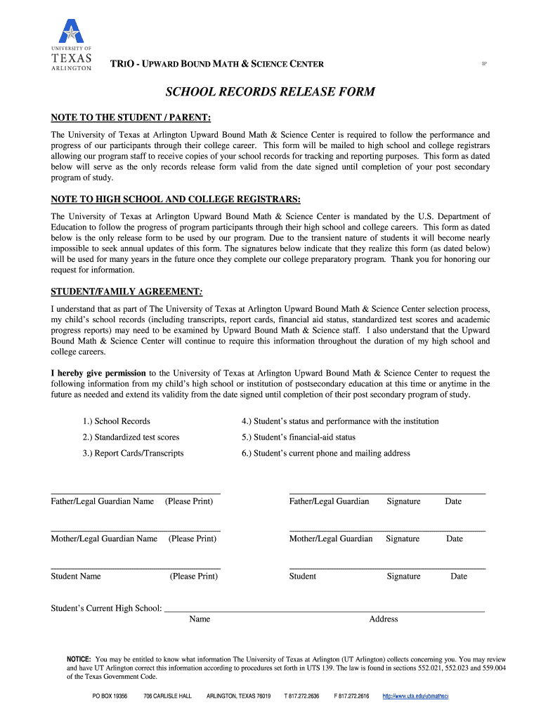 Fillable Online uta School Record Release Form - The University of ...