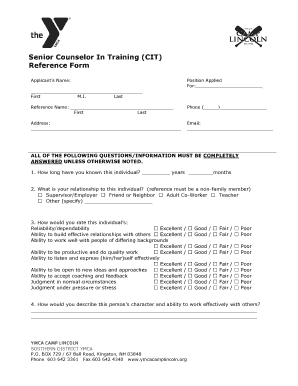 Fillable Online sdymca Senior Counselor In Training CIT Reference Form ...