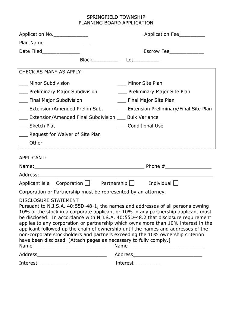 Fillable Online springfieldtownshipnj PLANNING BOARD APPLICATION Plan ...