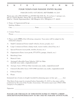 Fillable Online ENTR Y FORMS FOUR TOWN FAIR PARADE ENTRY BLANK Fax ...