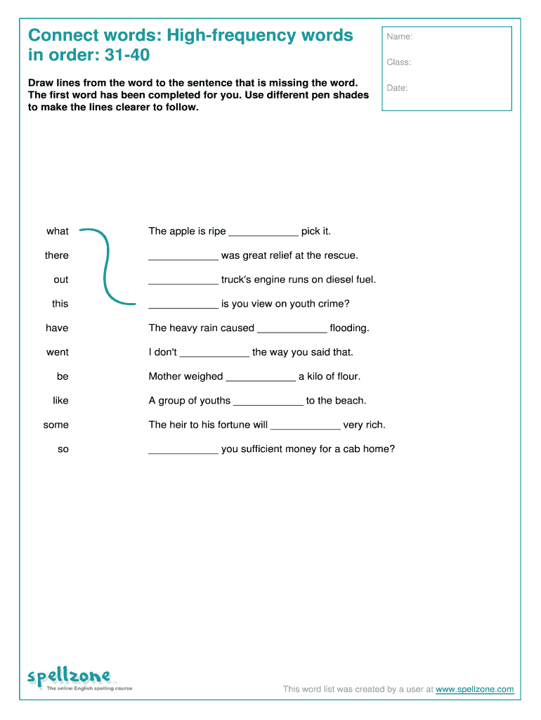 Fillable Online Connect words: High-frequency words in order: 31-40 ...
