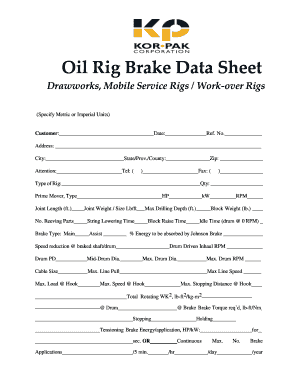 Fillable Online Oil Rig Brake Data Sheet - Kor-Pak Corporation Fax ...
