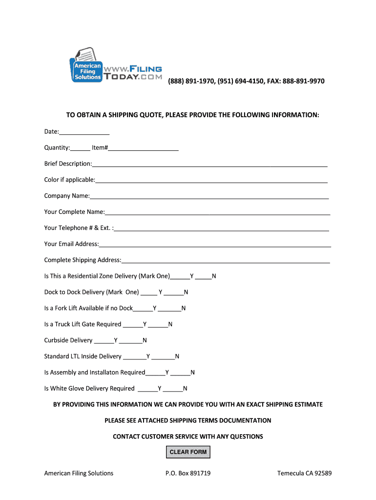 Fillable Online Shipping Quote Form Fax Email Print - pdfFiller