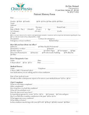 Fillable Online Patient History Form - chirophysiogatineaucom Fax Email Print - pdfFiller