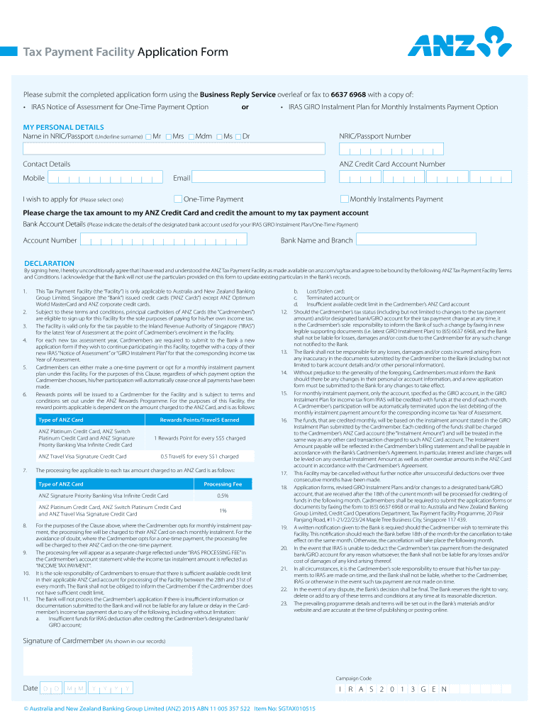 Fillable Online Tax Payment bFacility Applicationb Form - ANZ Fax Email ...
