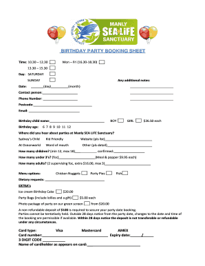 Fillable Online BIRTHDAY PARTY BOOKING SHEET Fax Email Print - pdfFiller
