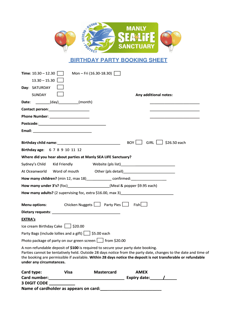 Fillable Online BIRTHDAY PARTY BOOKING SHEET Fax Email Print - pdfFiller